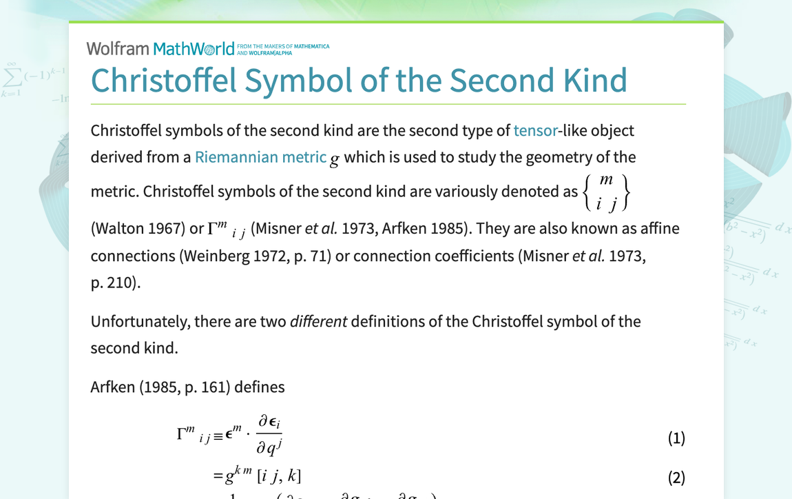 Christoffel Symbol of the Second Kind -- from Wolfram MathWorld