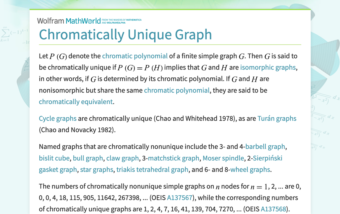 Chromatically Unique Graph -- from Wolfram MathWorld