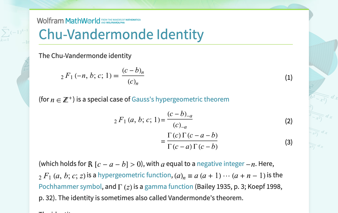 Chu-Vandermonde Identity -- from Wolfram MathWorld