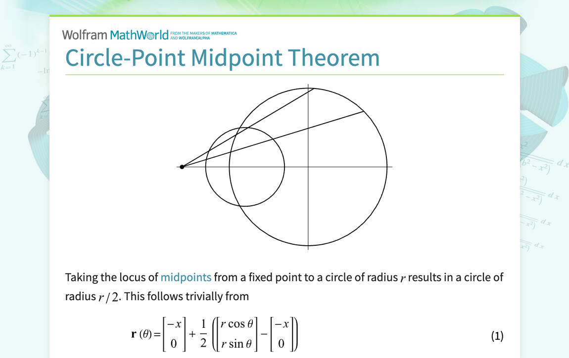 Circle-Point Midpoint Theorem -- from Wolfram MathWorld Circle-Point Midpoint Theorem -- from Wolfram MathWorld