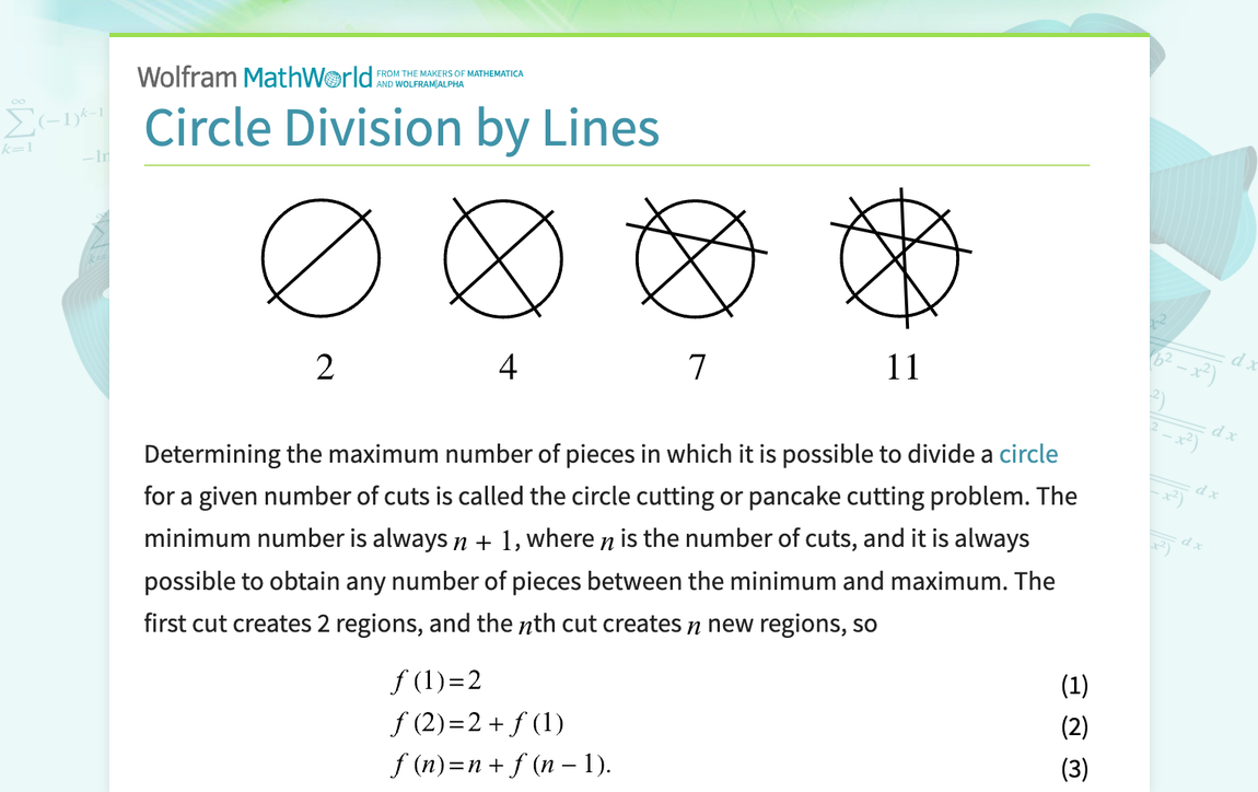 Circle Division by Lines -- from Wolfram MathWorld