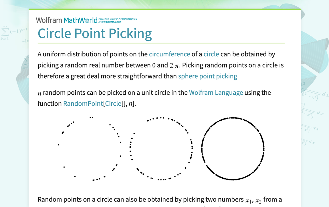 Circle Point Picking -- from Wolfram MathWorld