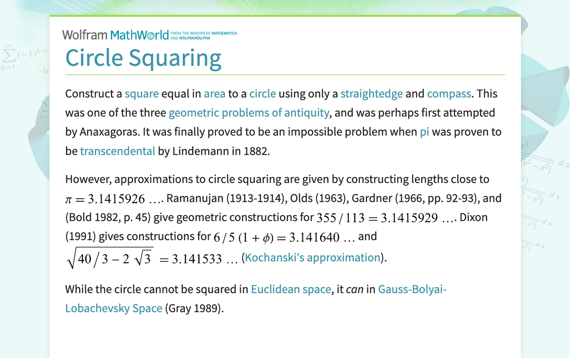 Circle Squaring -- from Wolfram MathWorld