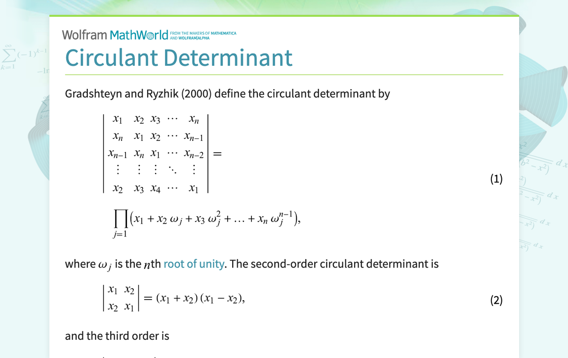 Circulant Determinant From Wolfram Mathworld