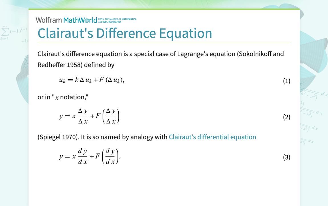 Clairaut's Difference Equation -- from Wolfram MathWorld