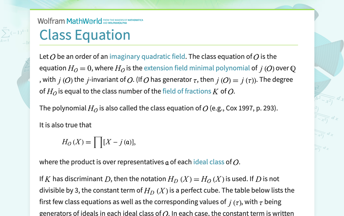 Class Equation -- from Wolfram MathWorld