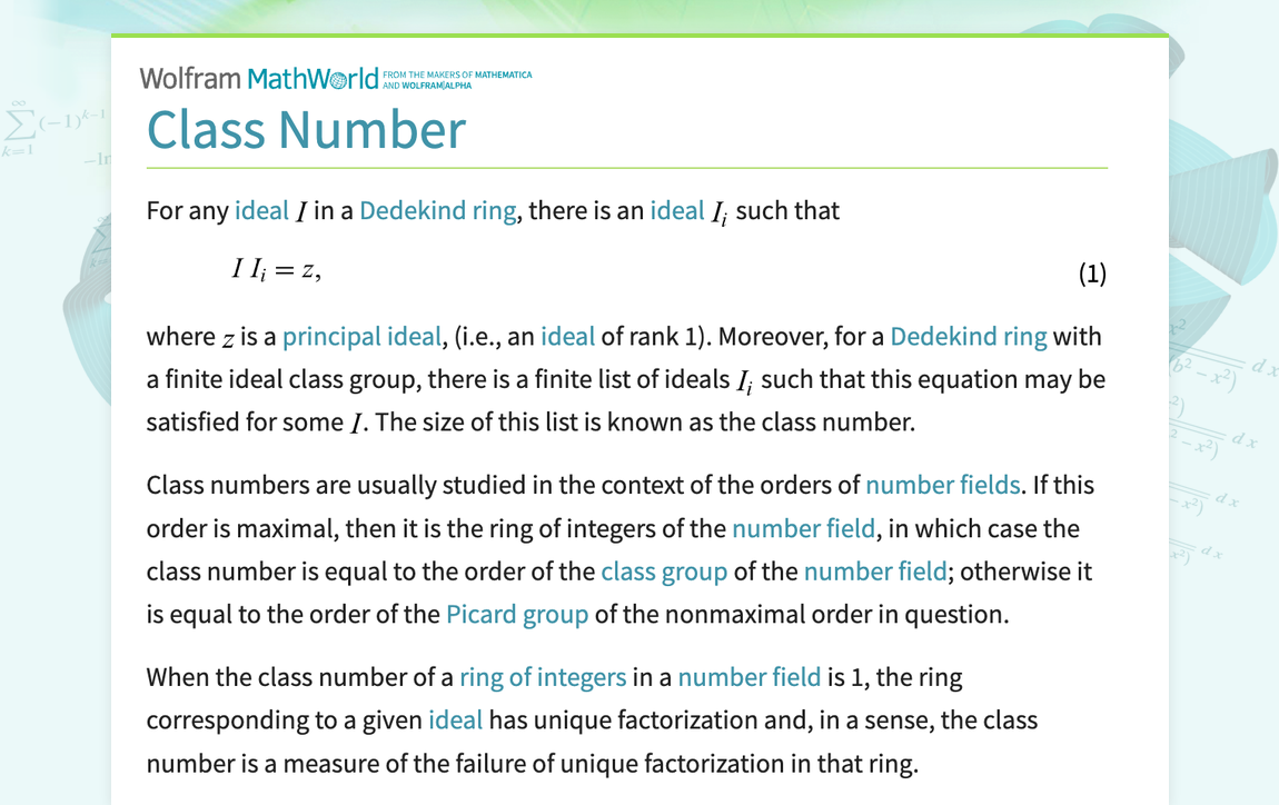 Class Number -- from Wolfram MathWorld