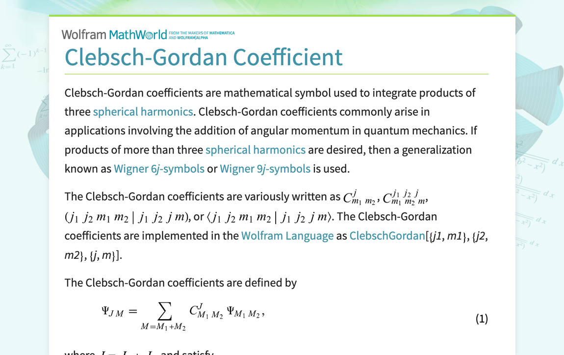 Clebsch-Gordan Coefficient -- from Wolfram MathWorld