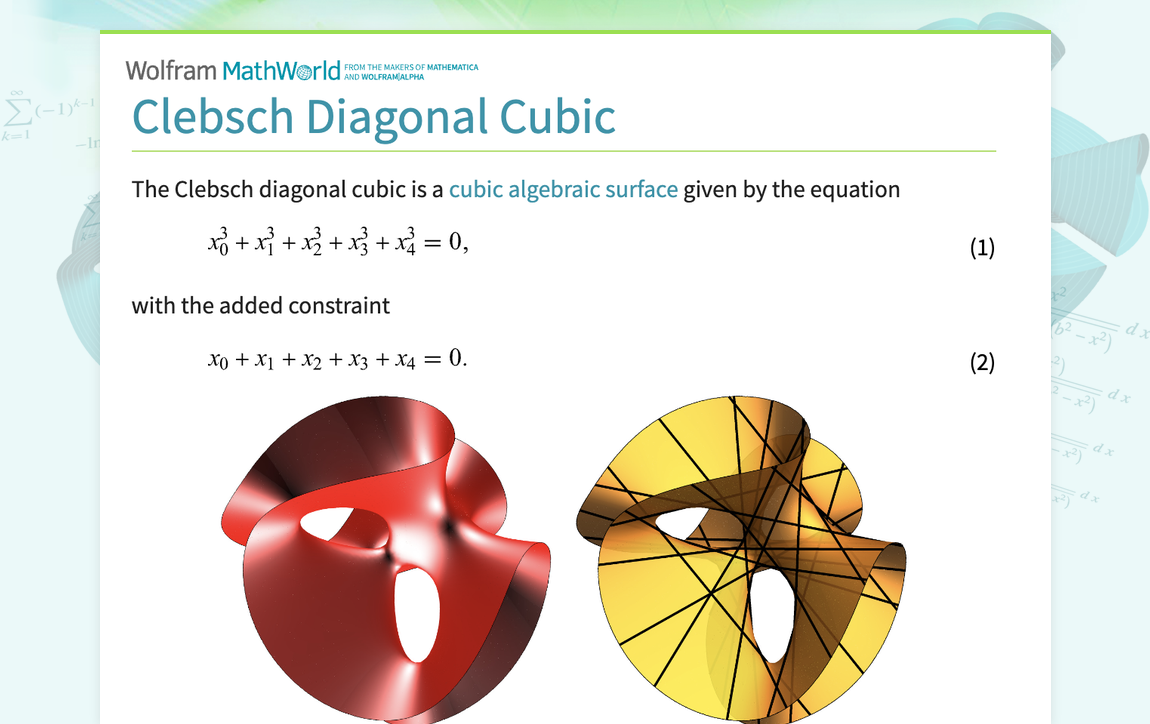 Clebsch Diagonal Cubic -- from Wolfram MathWorld