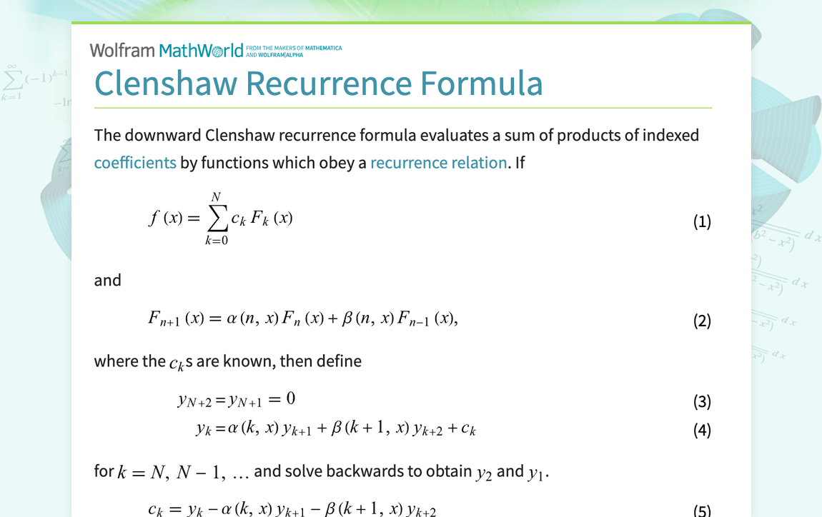 Clenshaw Recurrence Formula -- from Wolfram MathWorld