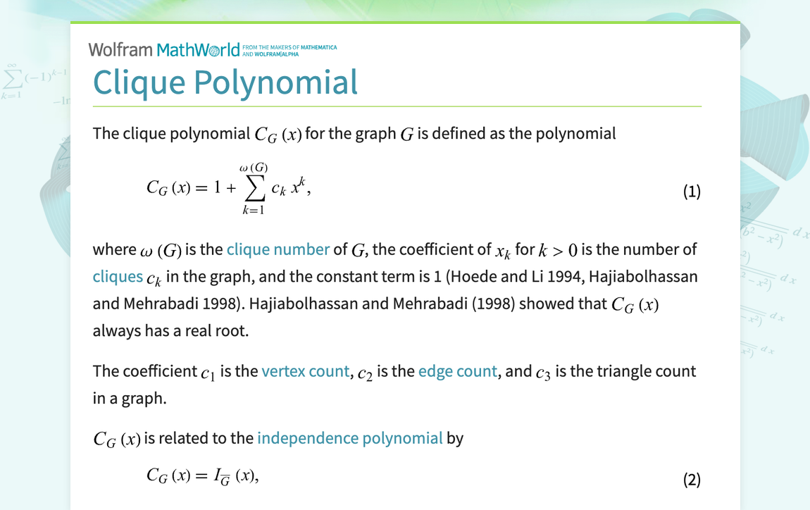 Clique Polynomial -- from Wolfram MathWorld