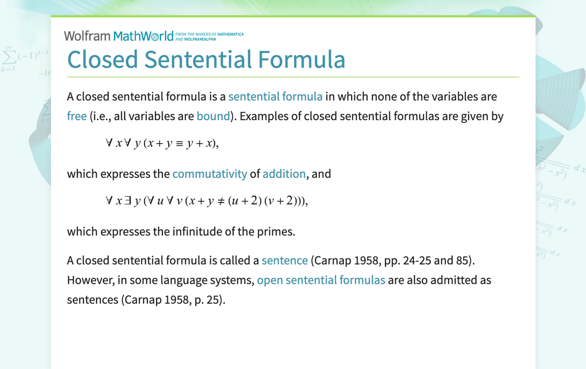 Closed Sentential Formula -- from Wolfram MathWorld