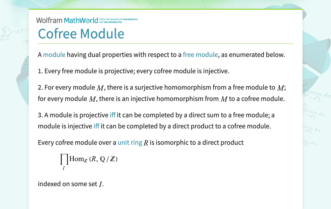 Cofree Module -- from Wolfram MathWorld