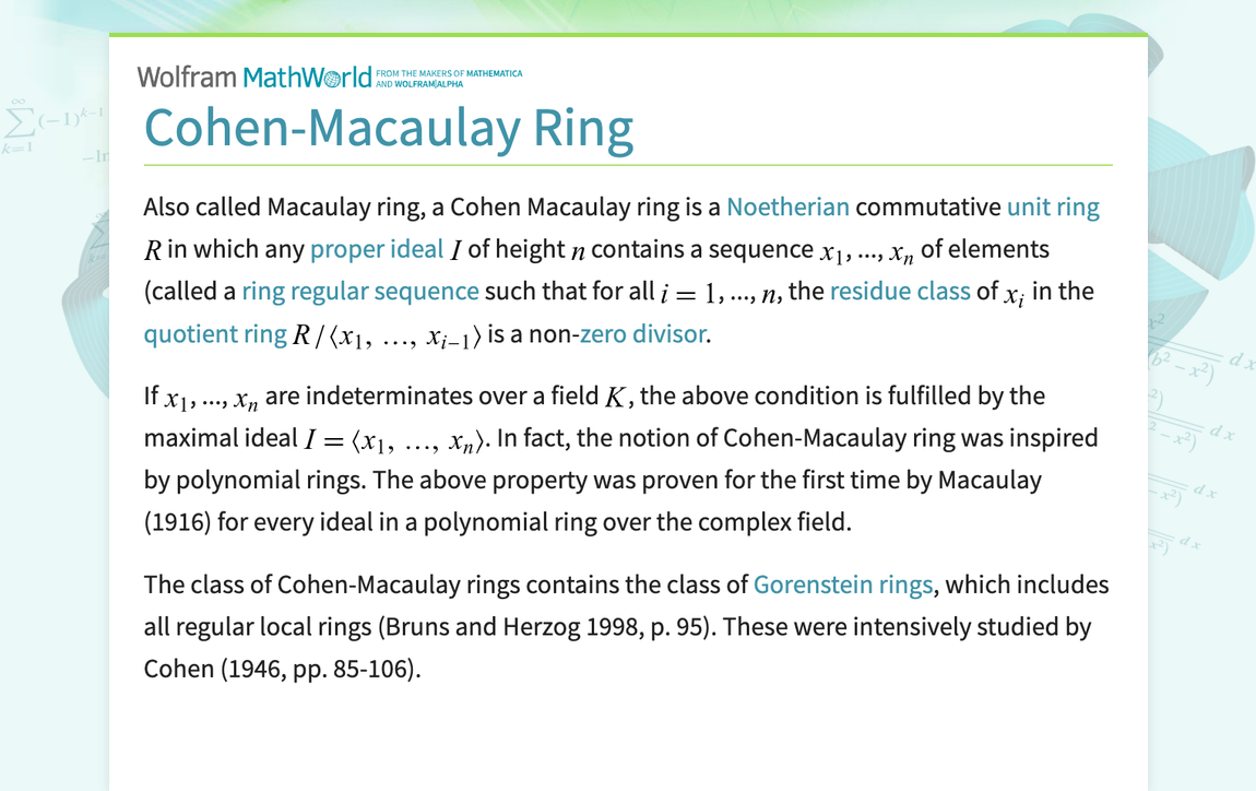 Cohen-Macaulay Ring -- from Wolfram MathWorld
