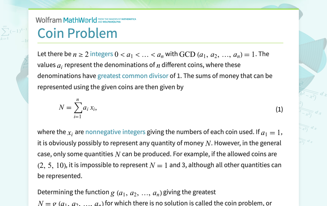 Coin Problem -- from Wolfram MathWorld
