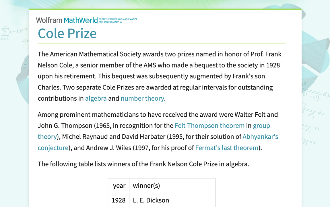 Cole Prize -- from Wolfram MathWorld