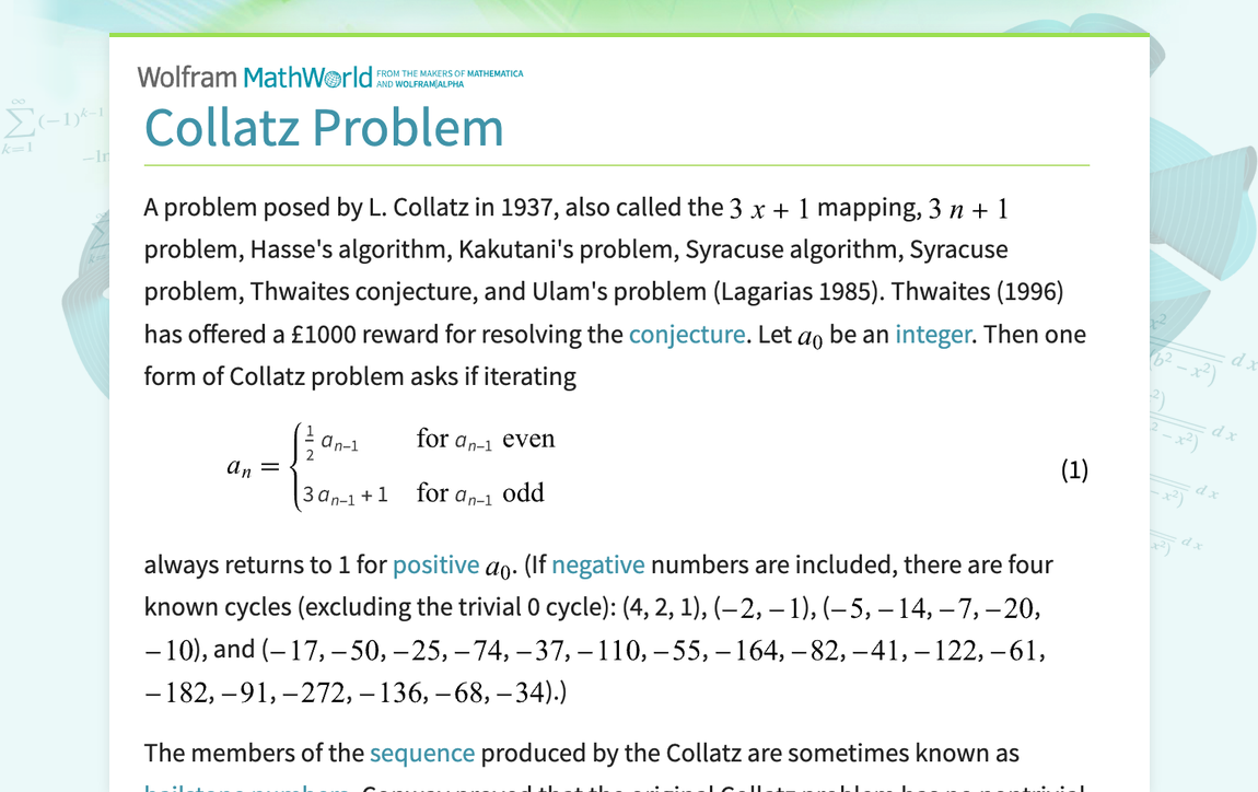 Collatz Problem -- from Wolfram MathWorld