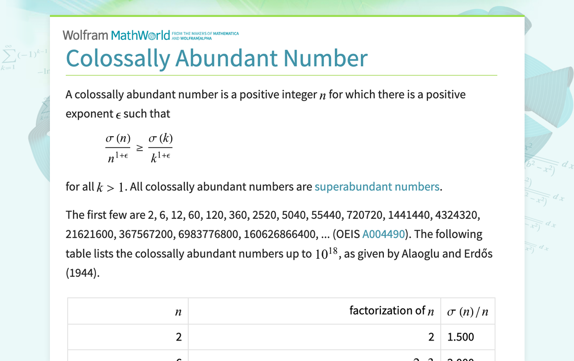 Colossally Abundant Number -- from Wolfram MathWorld