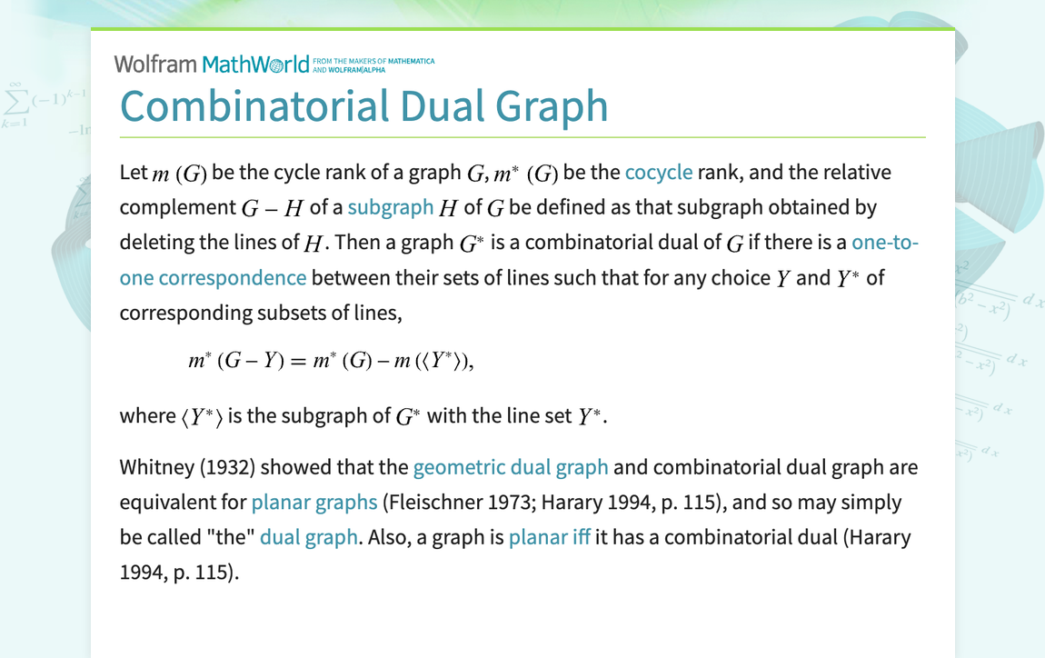 Combinatorial Dual Graph From Wolfram Mathworld