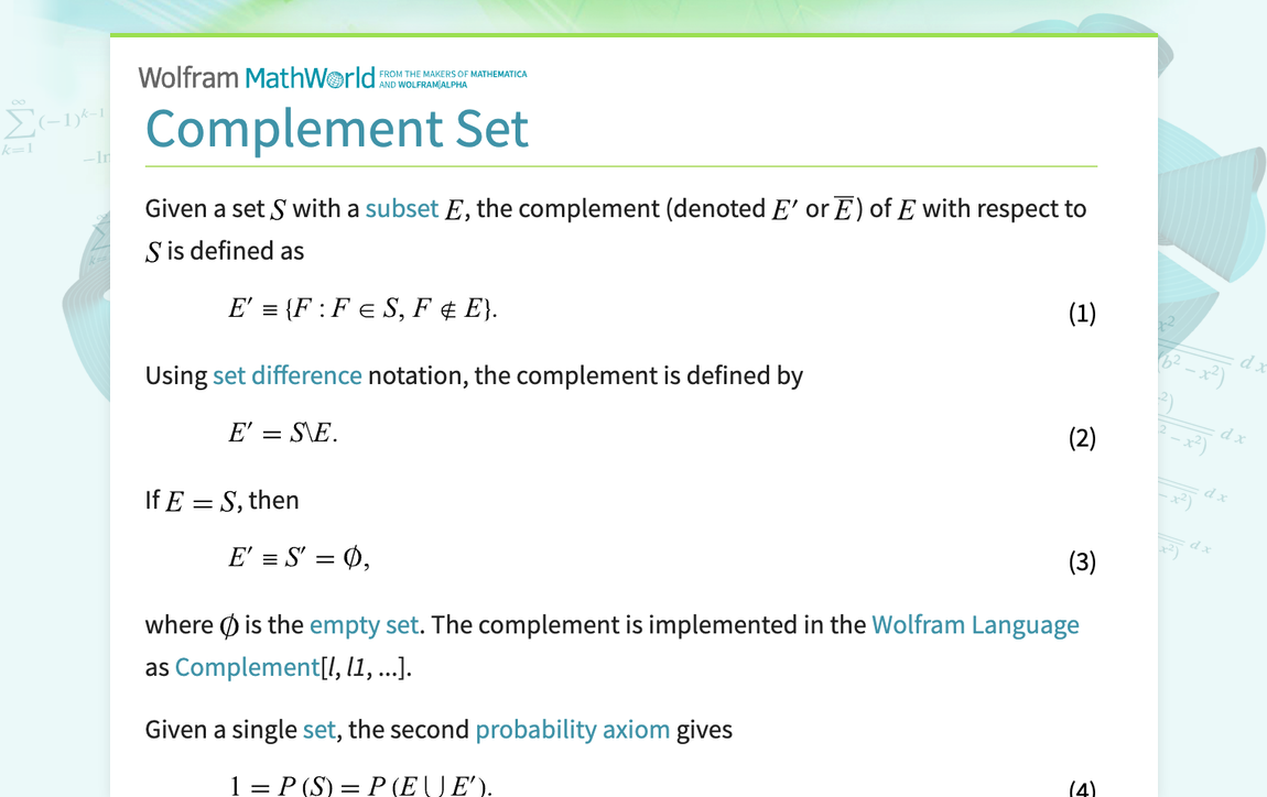 Complement Set -- from Wolfram MathWorld Complement Set -- from Wolfram MathWorld