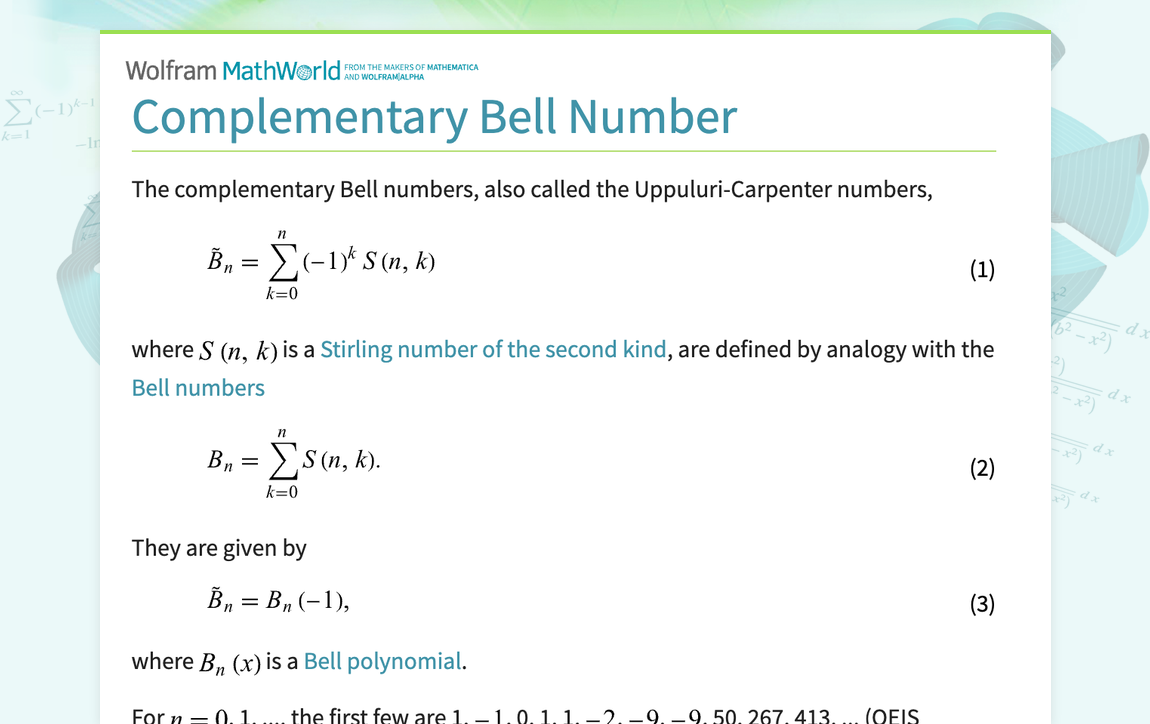 Complementary Bell Number -- from Wolfram MathWorld