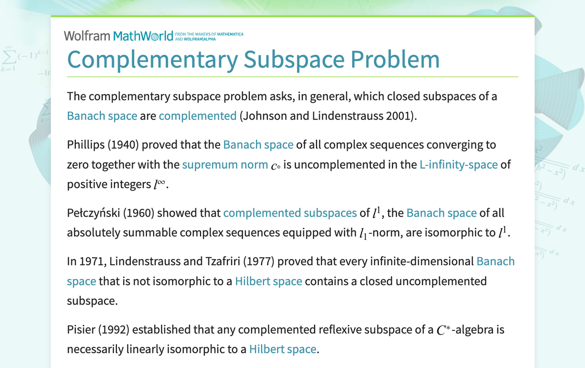 Complementary Subspace Problem -- from Wolfram MathWorld Complementary Subspace Problem -- from Wolfram MathWorld
