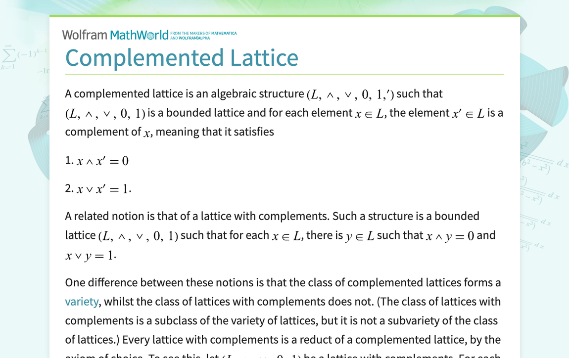 Complemented Lattice -- from Wolfram MathWorld