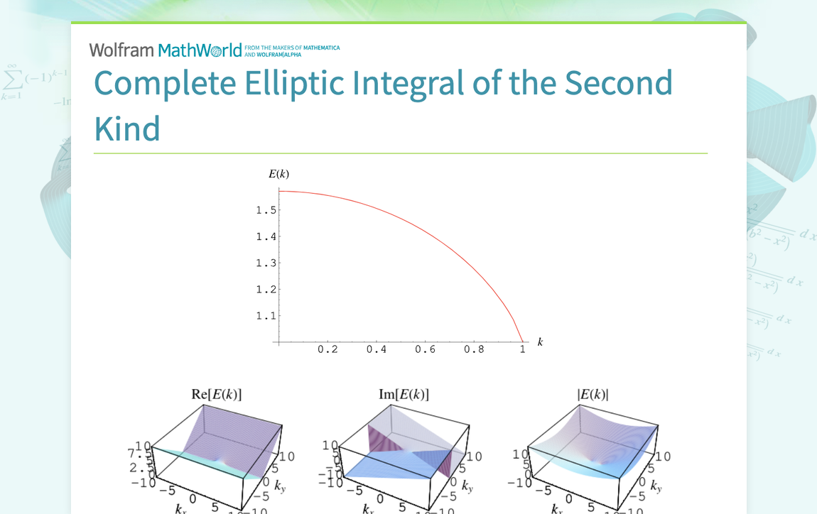 Complete Elliptic Integral of the Second Kind -- from Wolfram MathWorld