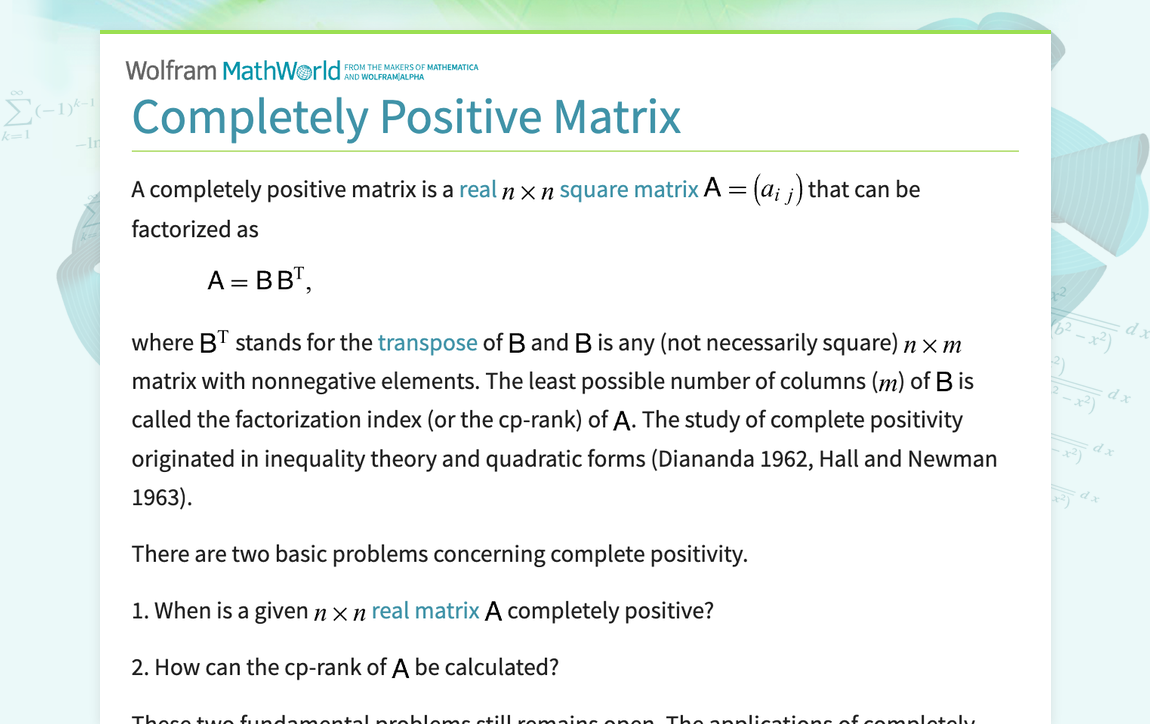 Completely Positive Matrix -- from Wolfram MathWorld
