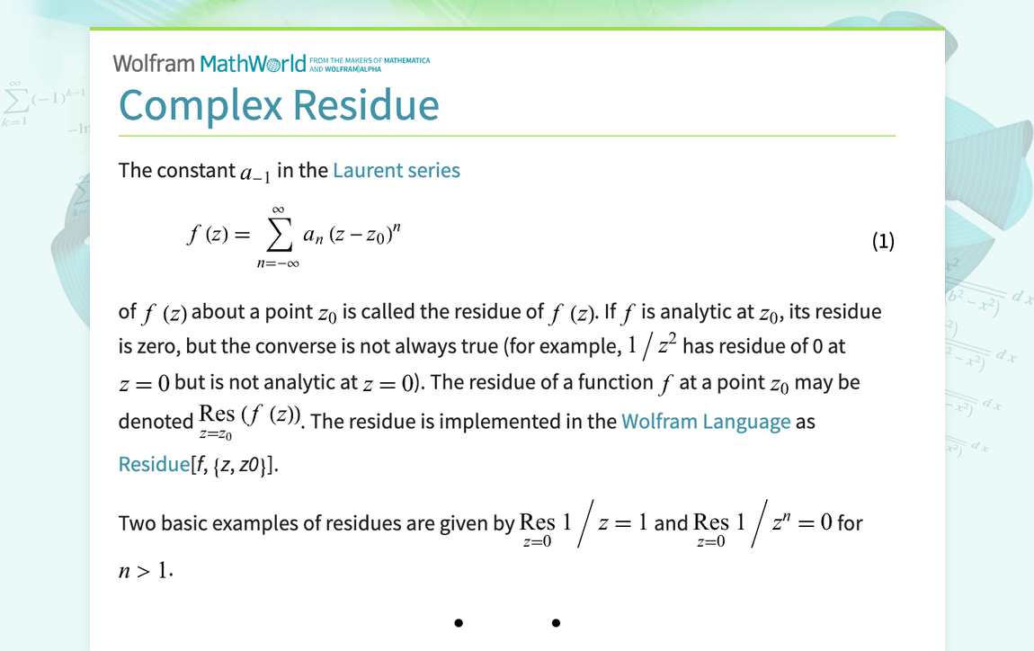 Complex Residue -- from Wolfram MathWorld