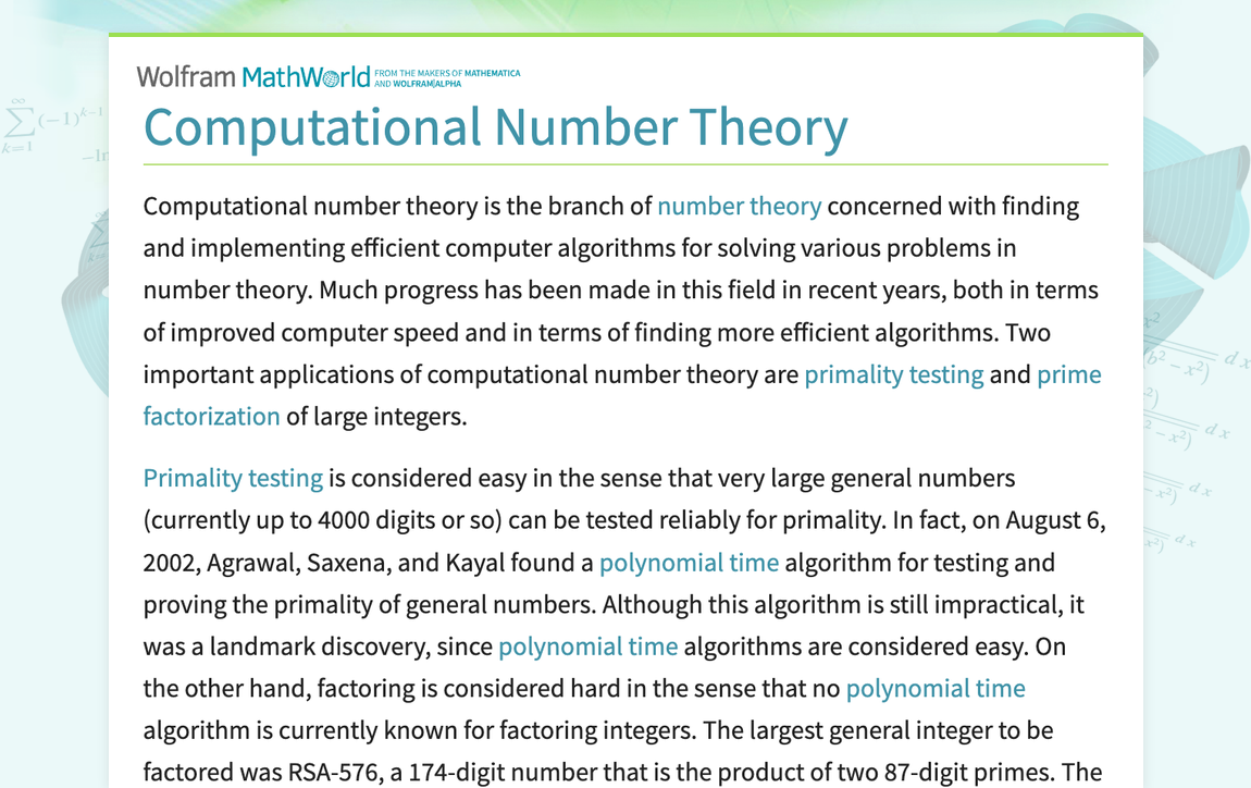 Computational Number Theory -- from Wolfram MathWorld Computational Number Theory -- from Wolfram MathWorld