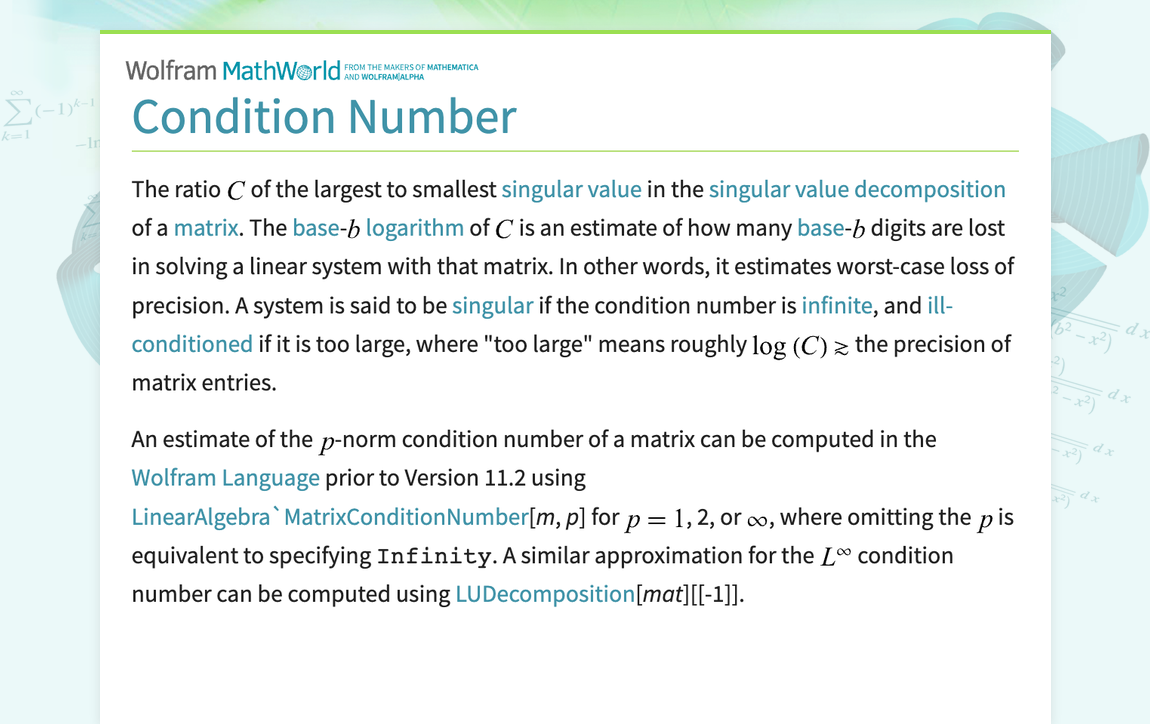 Condition Number -- from Wolfram MathWorld