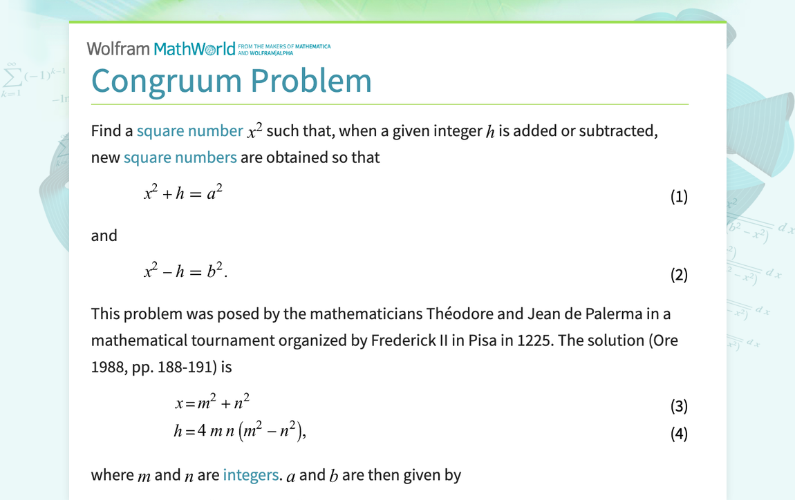 Congruum Problem -- from Wolfram MathWorld