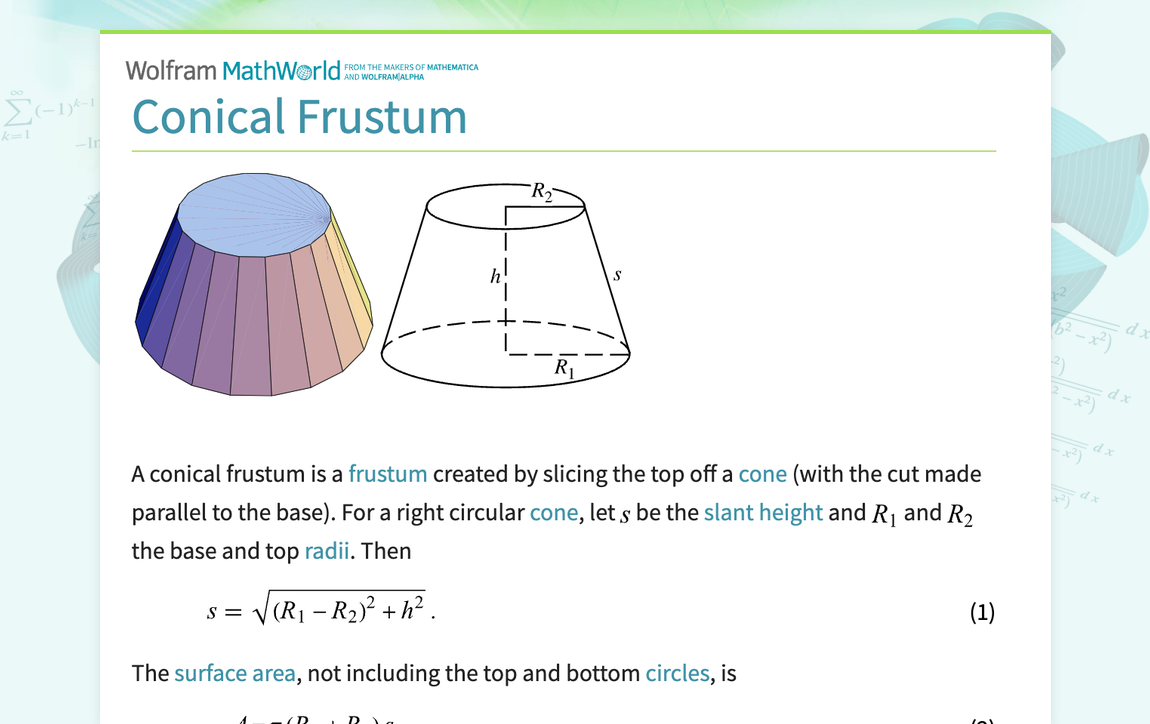 Conical Frustum -- from Wolfram MathWorld