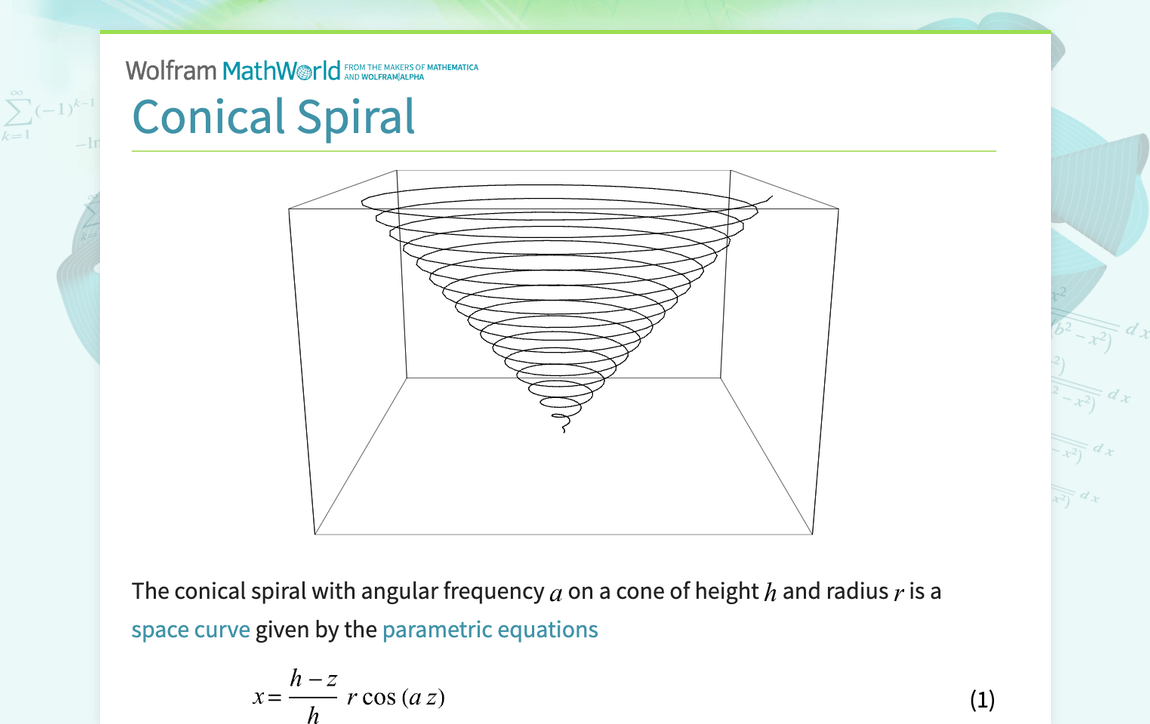 Conical Spiral -- from Wolfram MathWorld