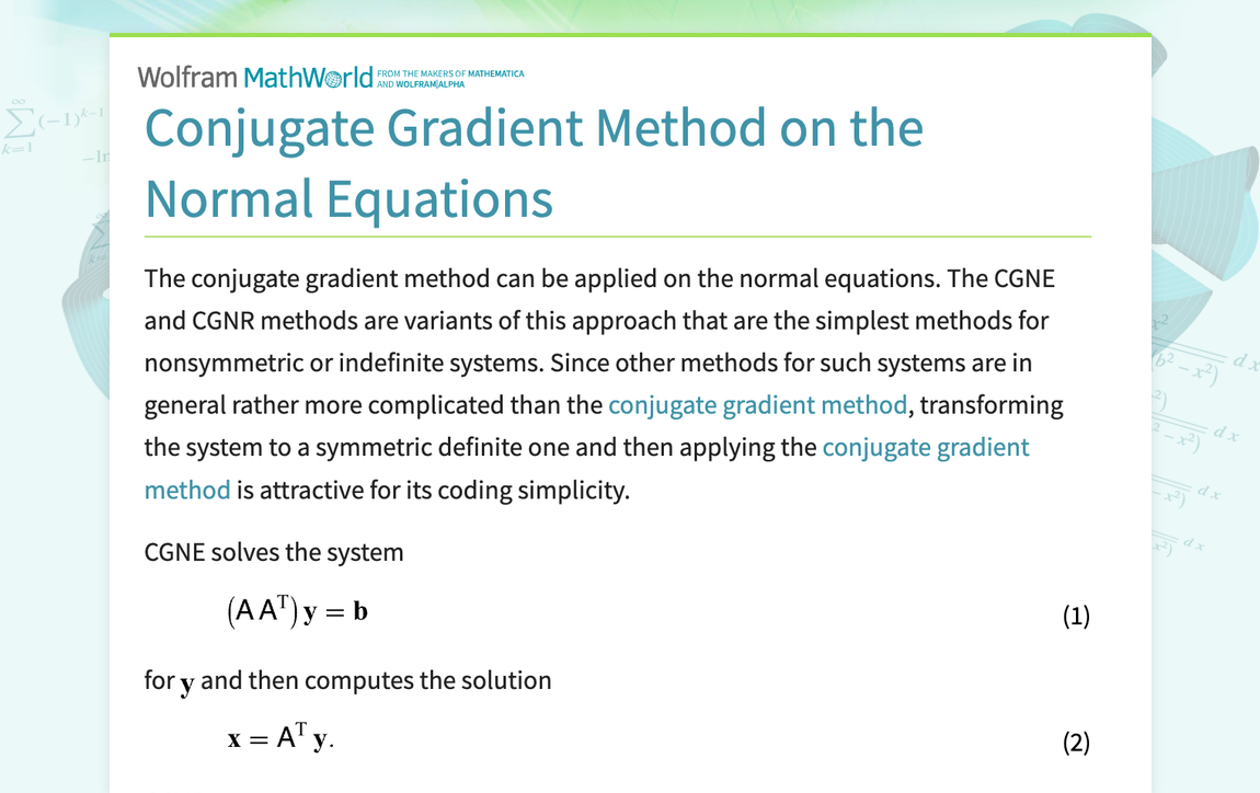 Conjugate Gradient Method on the Normal Equations -- from Wolfram MathWorld