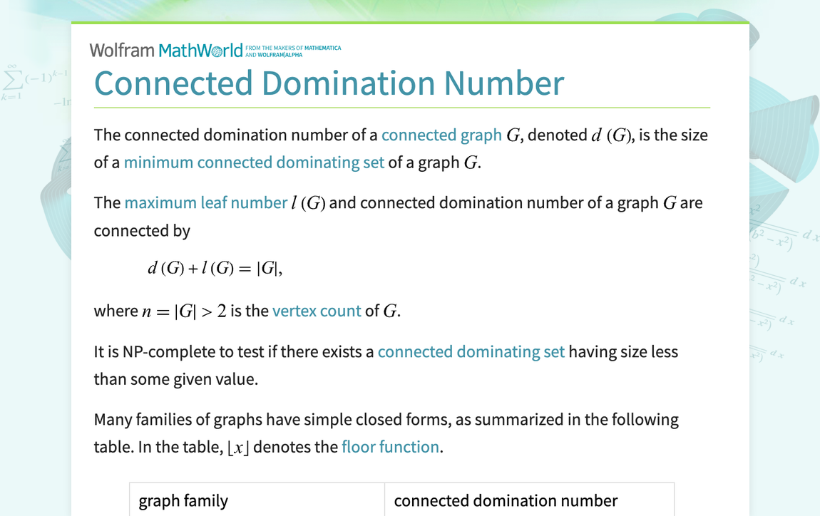 Connected Domination Number -- from Wolfram MathWorld
