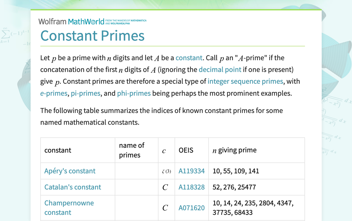 Constant Primes -- from Wolfram MathWorld