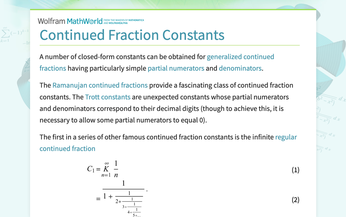 Continued Fraction Constants -- from Wolfram MathWorld