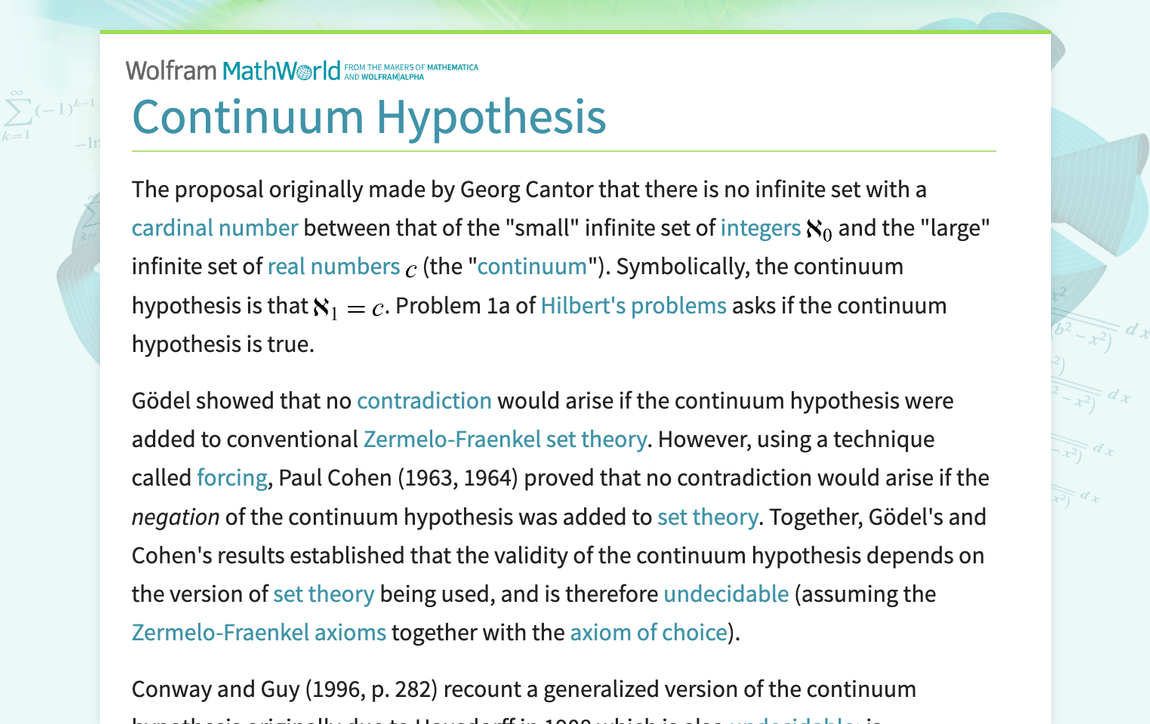 Continuum Hypothesis -- from Wolfram MathWorld