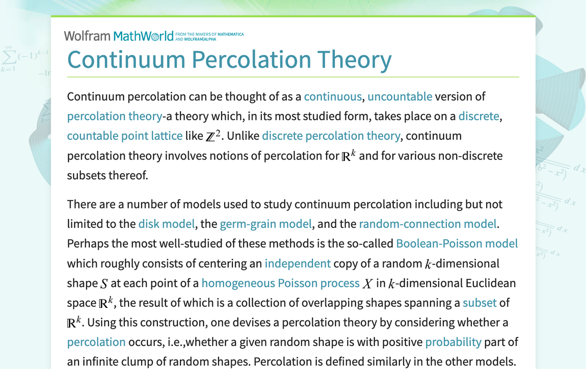 Continuum Percolation Theory -- from Wolfram MathWorld