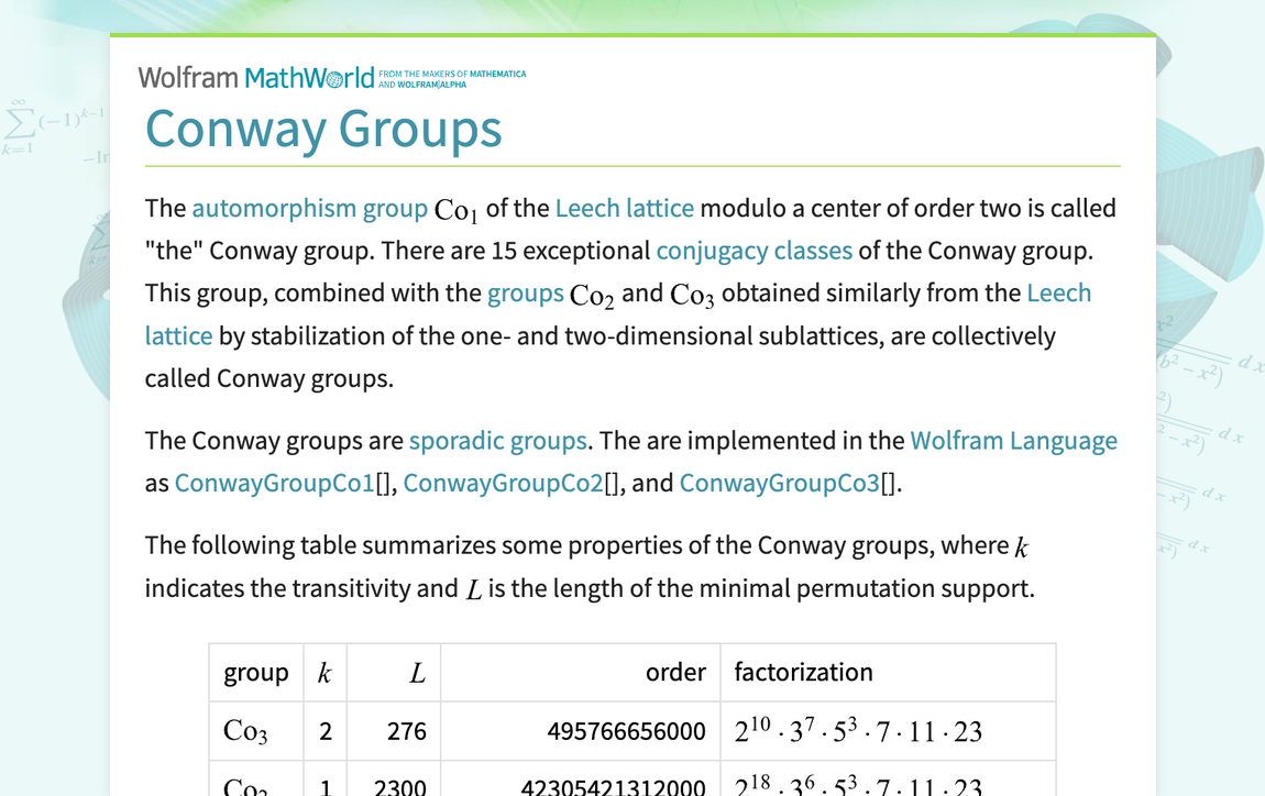 Conway Groups -- from Wolfram MathWorld