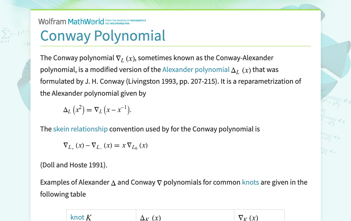 Conway Polynomial -- from Wolfram MathWorld