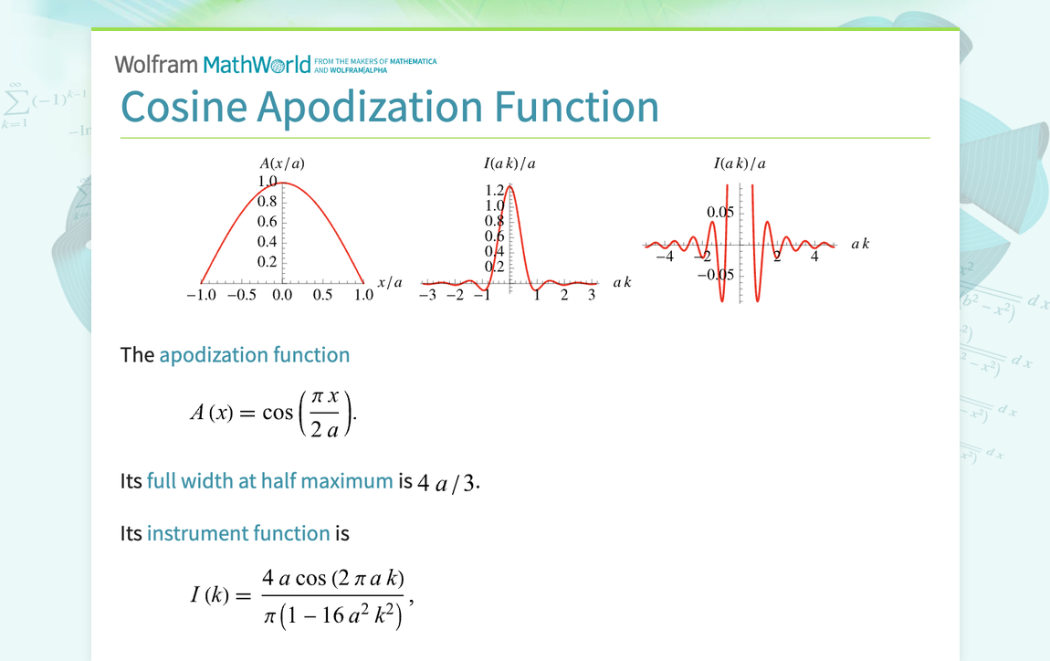 Cosine Apodization Function -- from Wolfram MathWorld