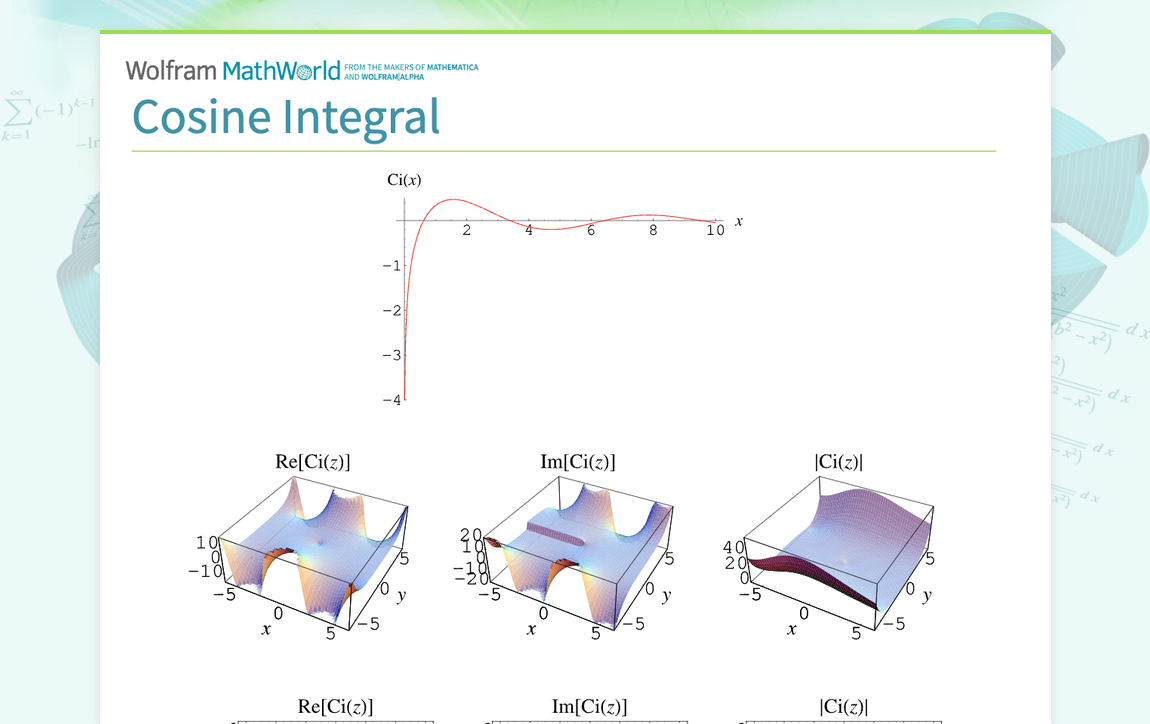 Cosine Integral -- from Wolfram MathWorld