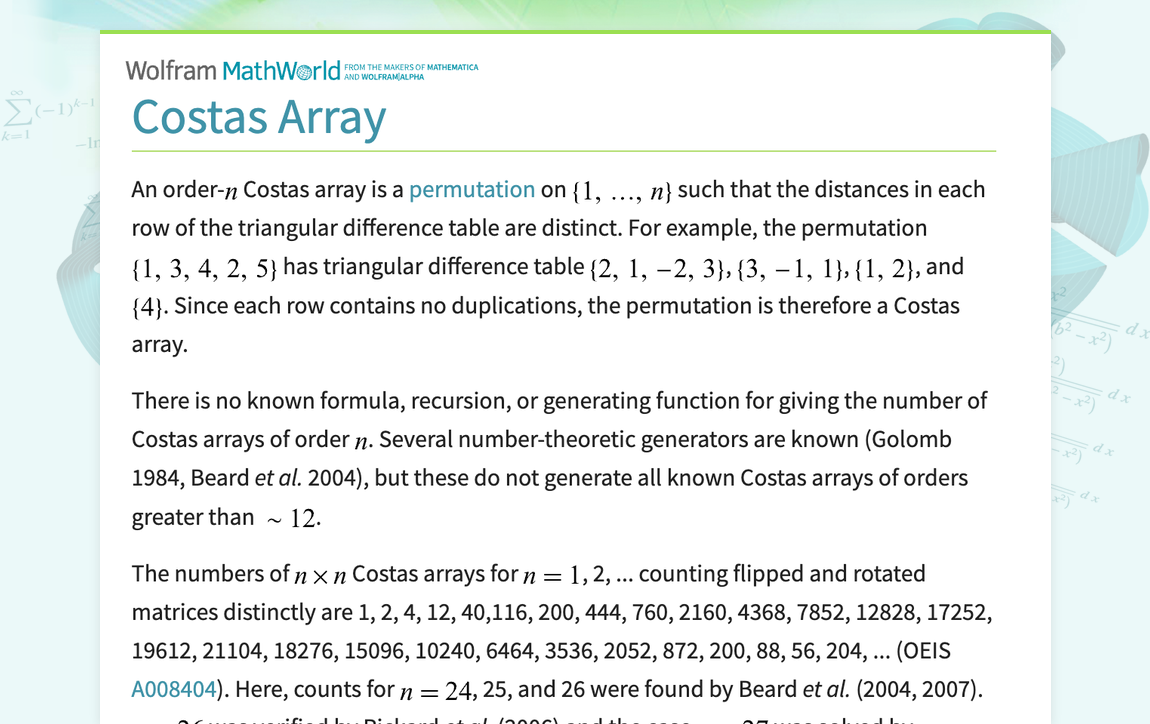 Costas Array -- from Wolfram MathWorld