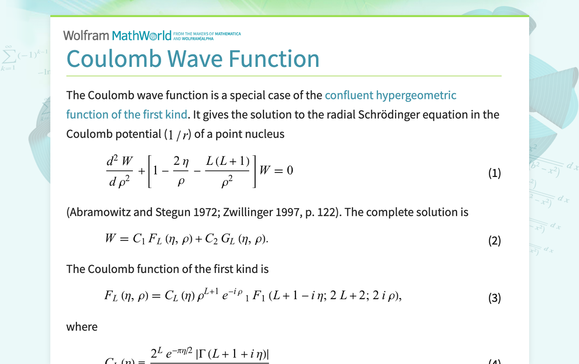Coulomb Wave Function From Wolfram Mathworld