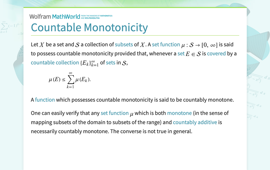 Countable Monotonicity -- from Wolfram MathWorld