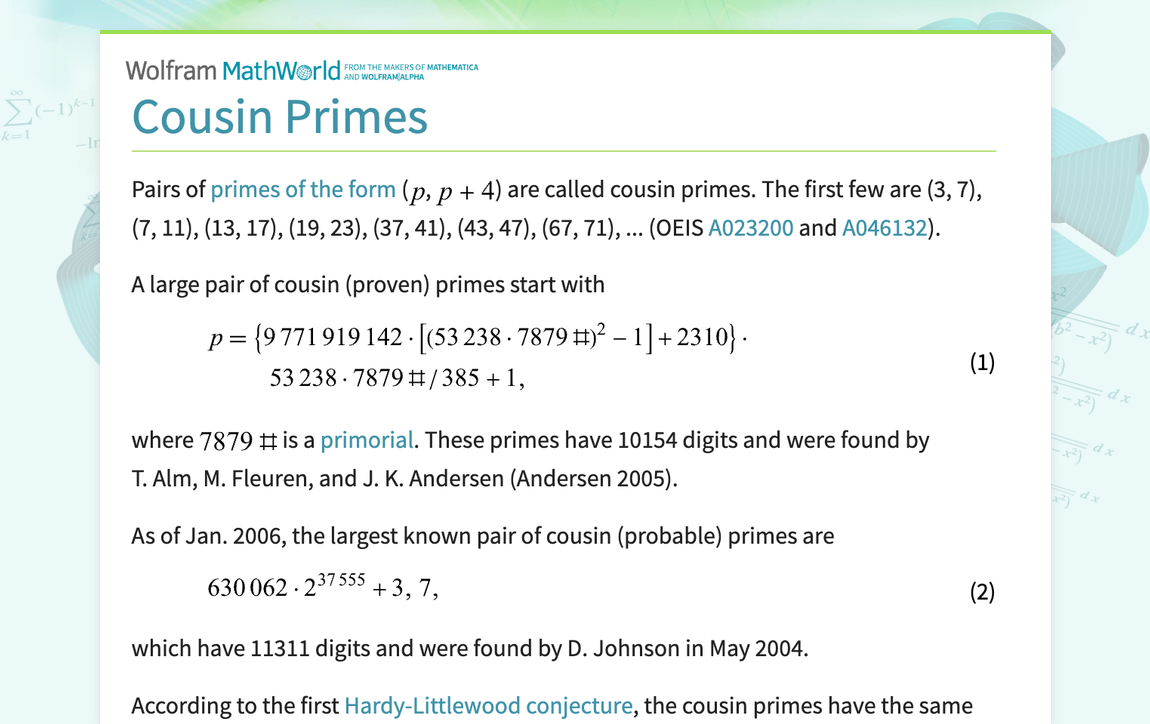 Cousin Primes -- from Wolfram MathWorld