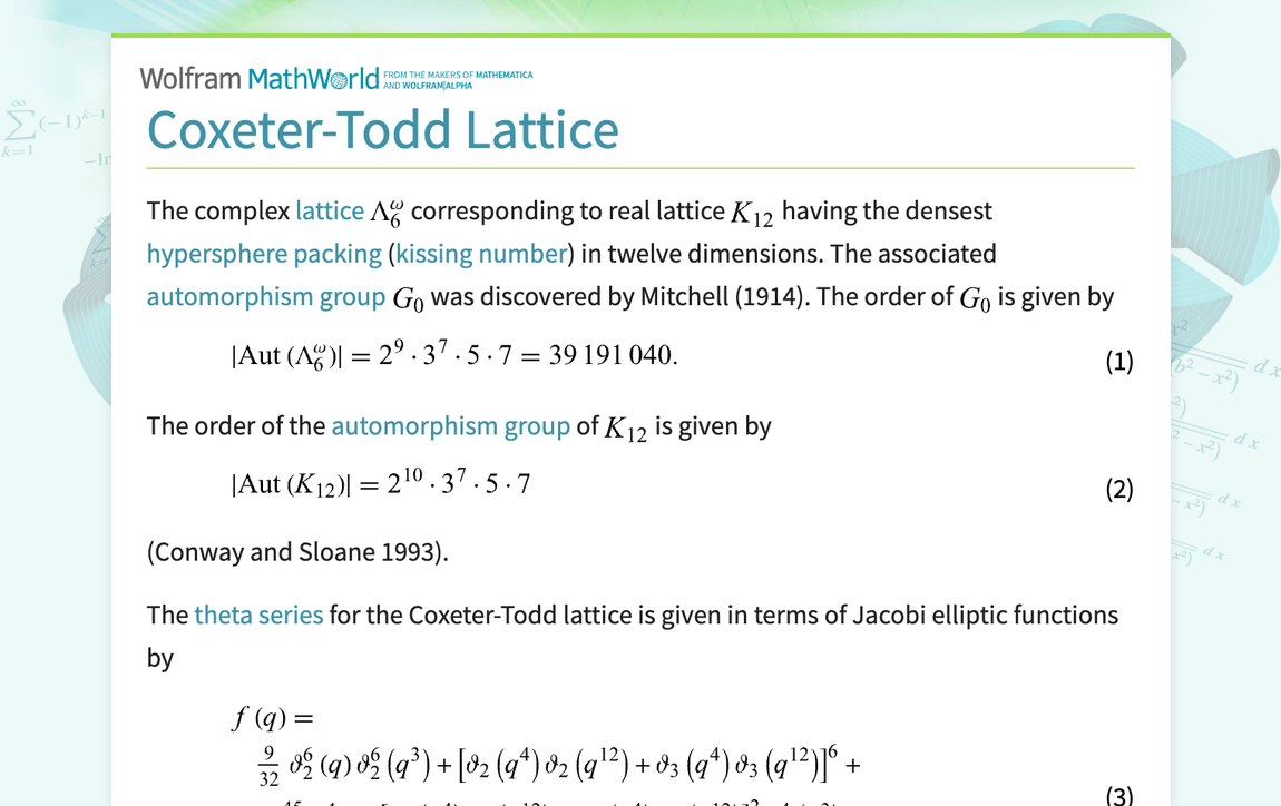 Coxeter-Todd Lattice -- from Wolfram MathWorld